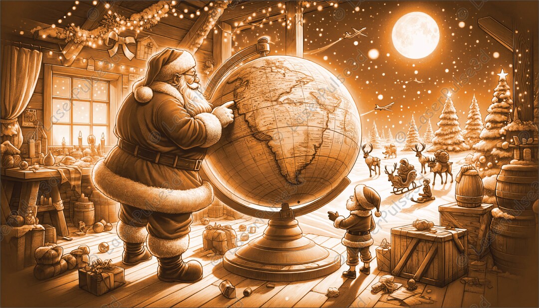 Santa Planning Route Laser Engrave Image | Laser Burn PNG File | 3D ...