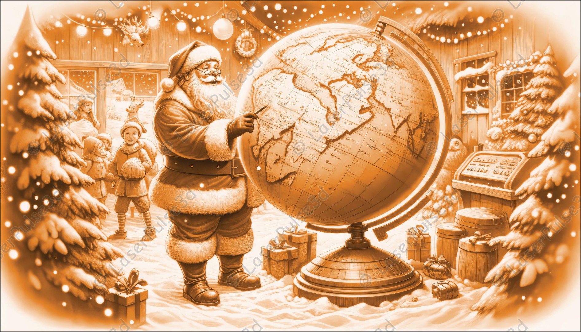 Santa Planning Route Laser Engrave Image | Laser Burn PNG File | 3D ...