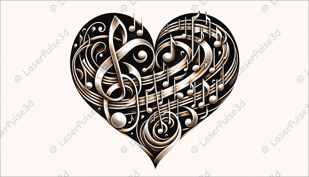 Heart With Music Notes Valentines Laser Engrave Image | Laser Burn PNG ...