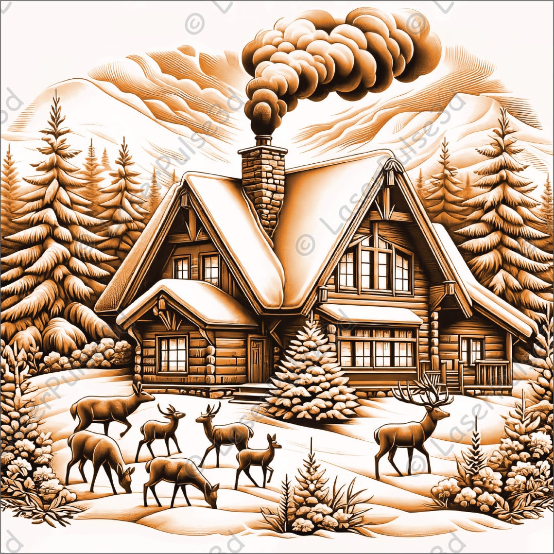 Winter Cabin With Deers Laser Engrave Image | Laser Burn PNG File | 3D ...