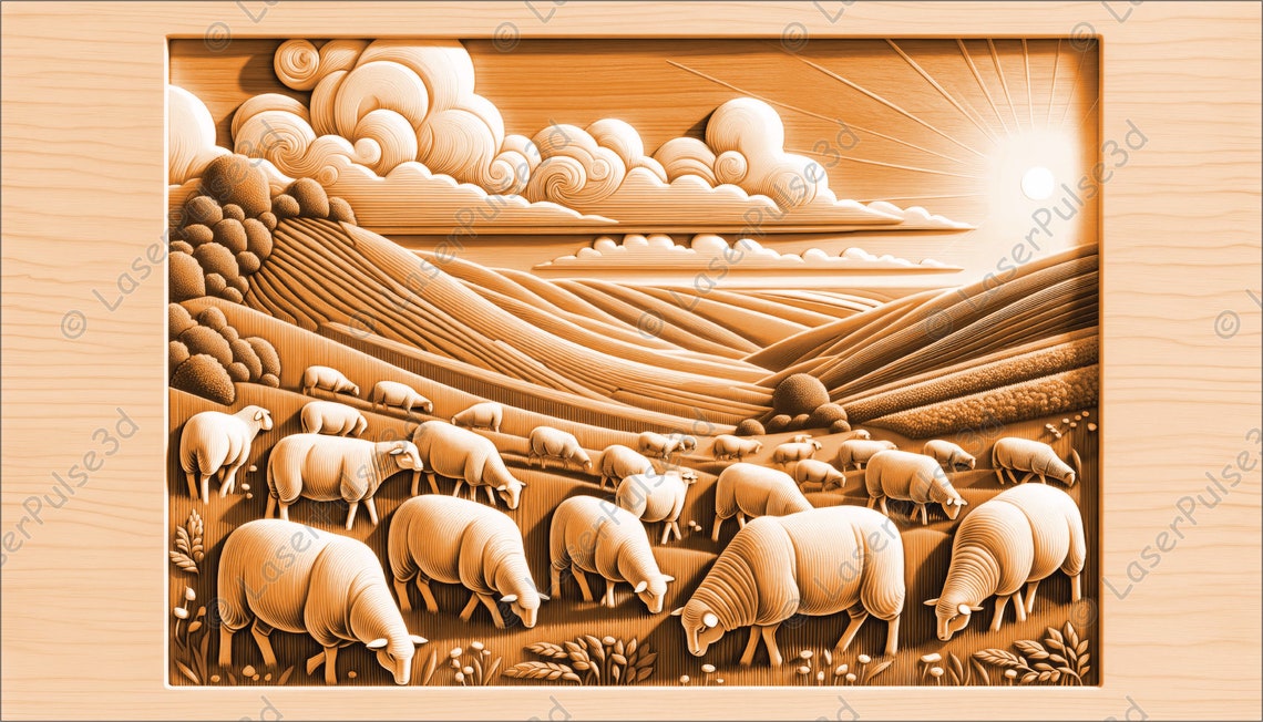 Flock Sheep Grazing Laser Engrave Image | Laser Burn PNG File | 3D ...