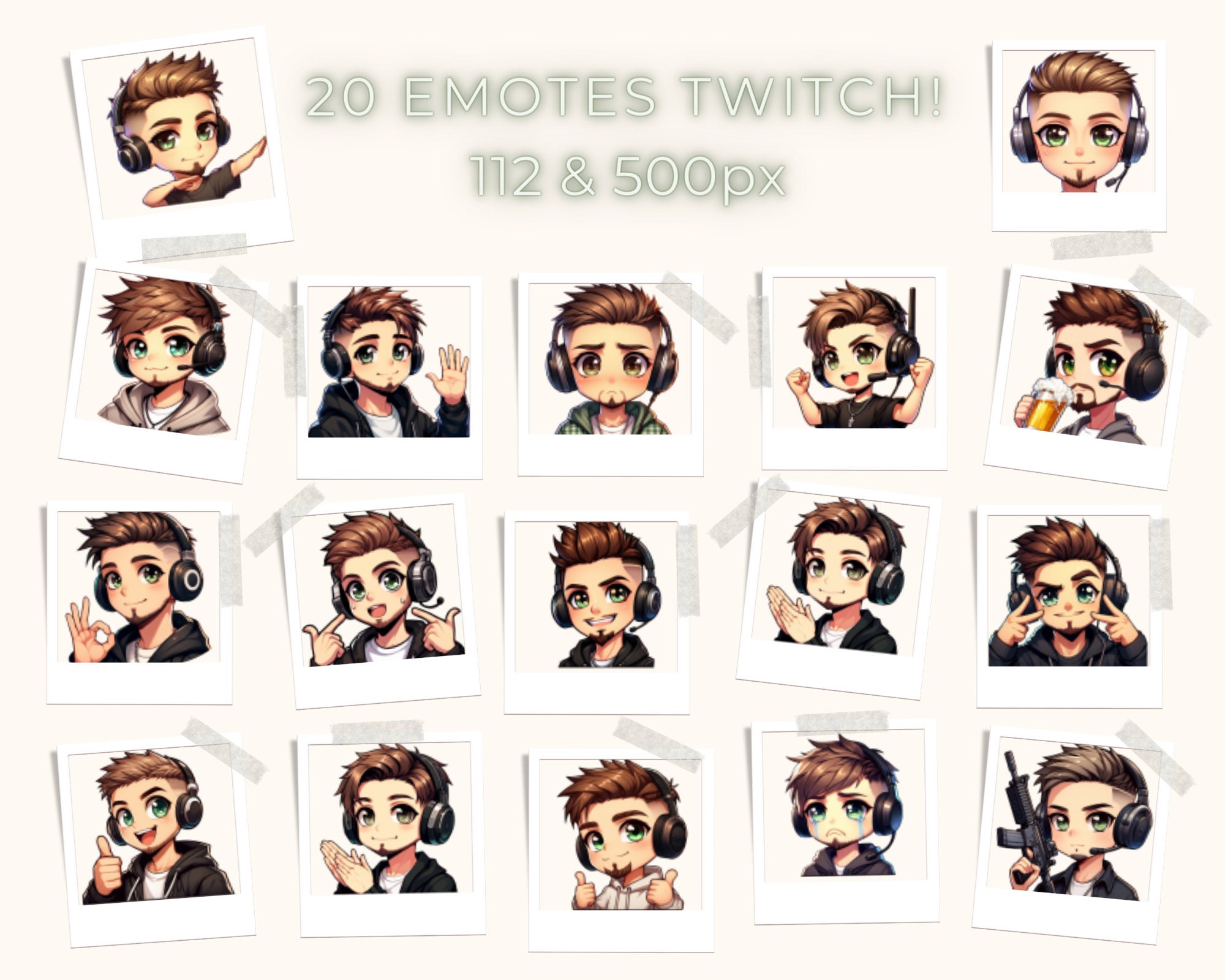 Brown Hair Guy With Beard Emotes Twitch, Discord, Youtube. Chibi Twitch ...