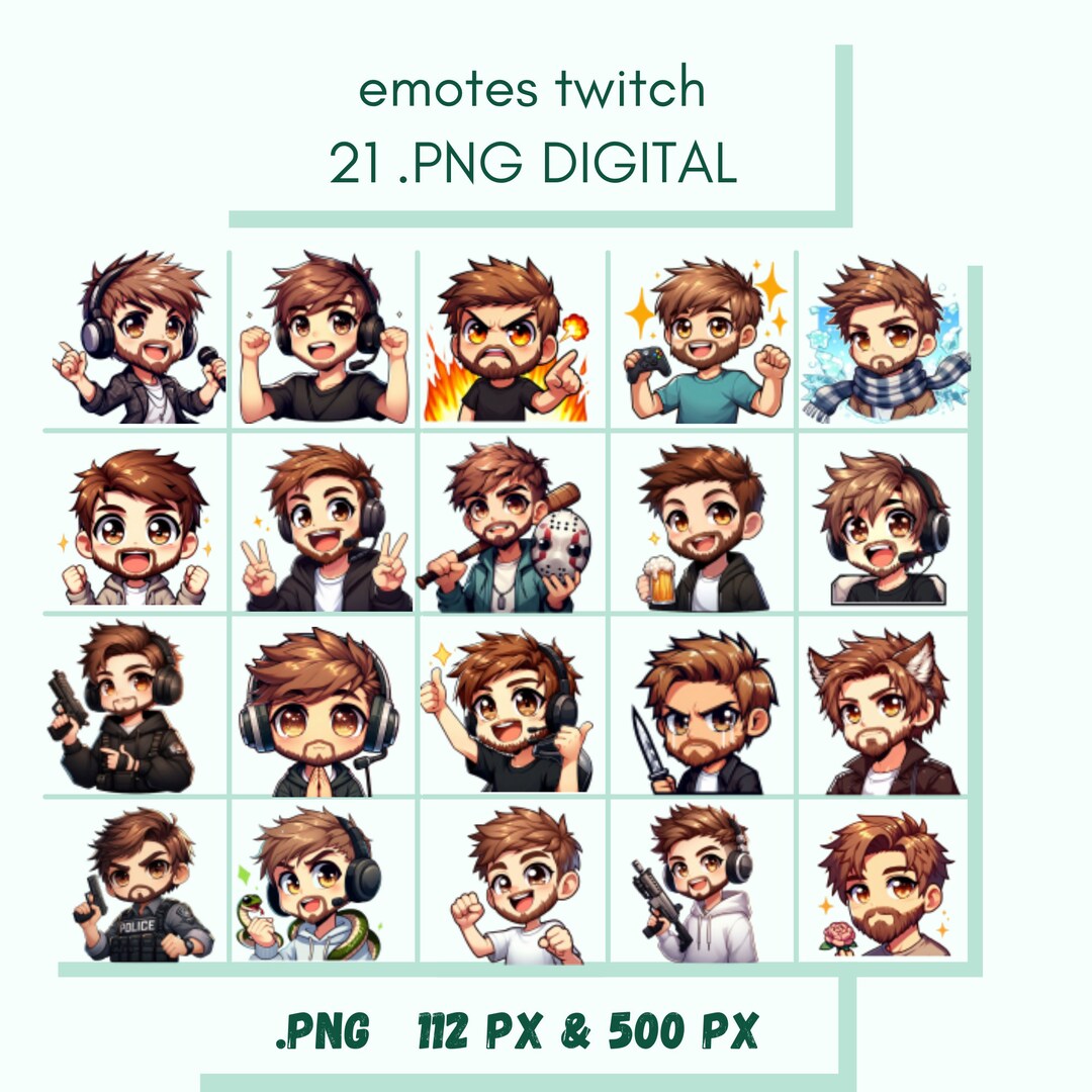 Brown Hair Guy With Beard Emotes Twitch, Discord, Youtube. Chibi Twitch ...