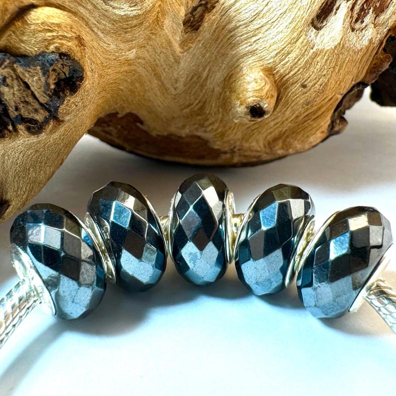 Hematite Charm Bead Natural Black Gemstone, Sterling Silver 925 Core ...
