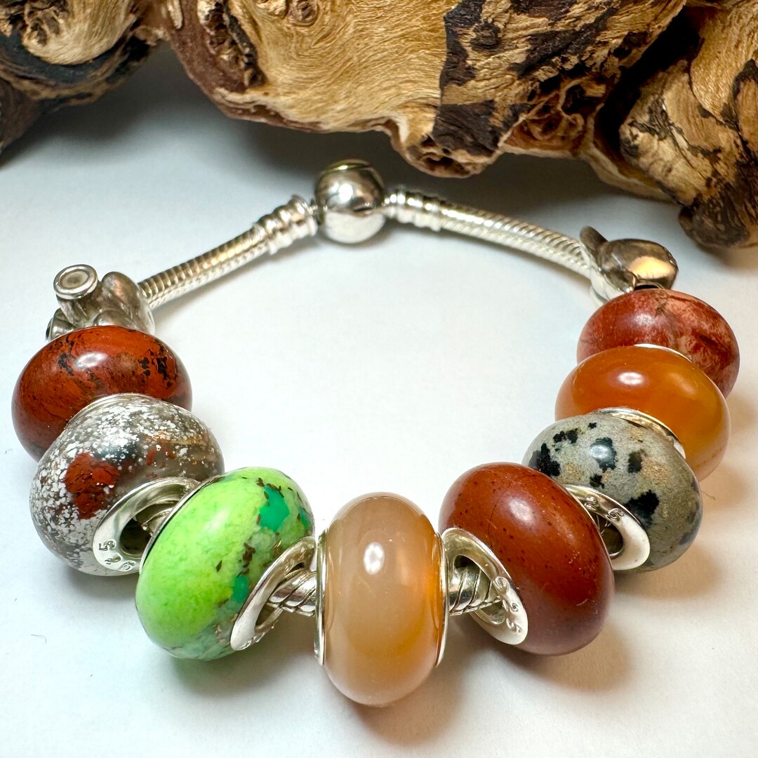 Natural Stone Charm Bead for Pandora Bracelet - Rondelle With Silver ...