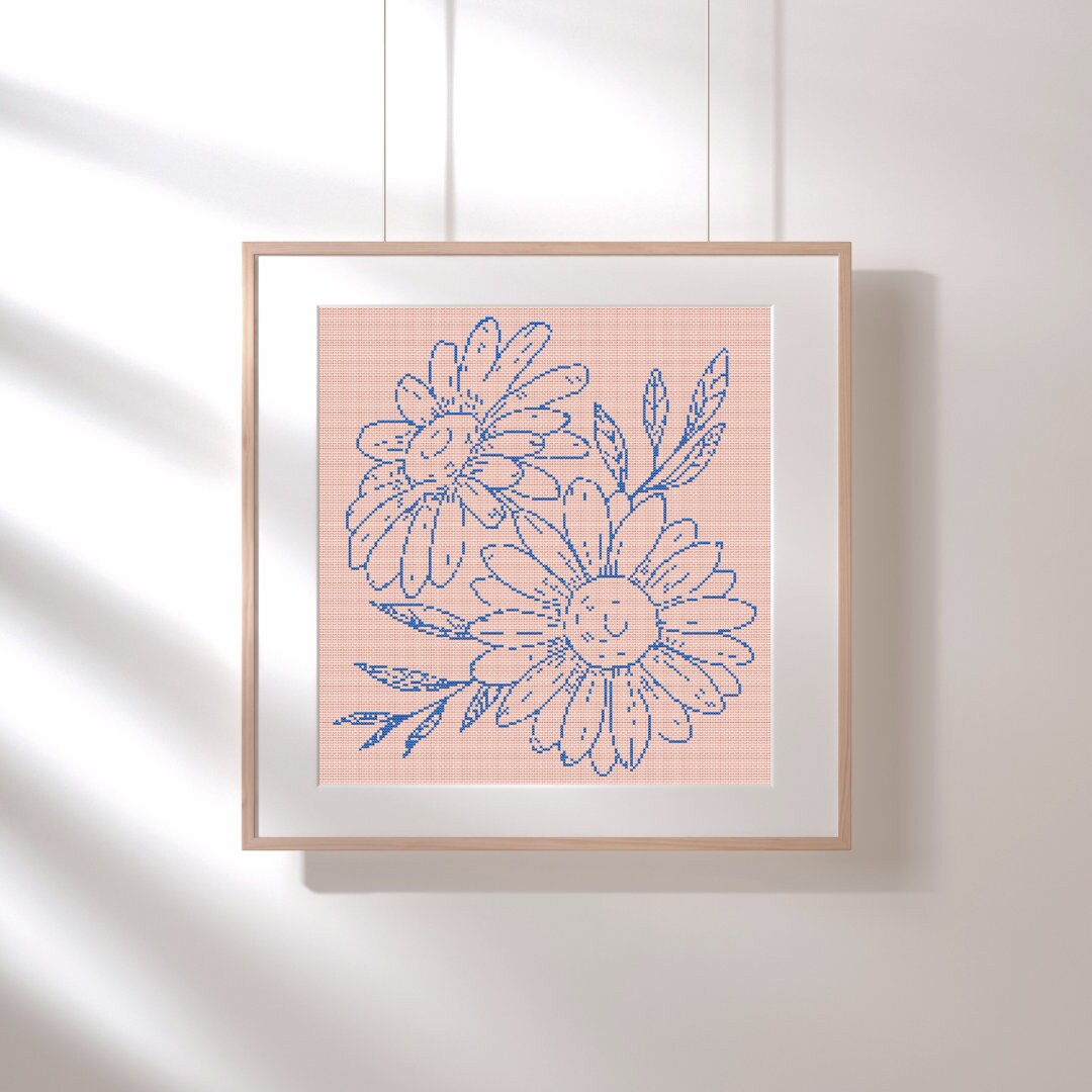 Blue Daisy Cross Stitch Pattern | Monochrome Flower Embroidery (PDF) - Etsy