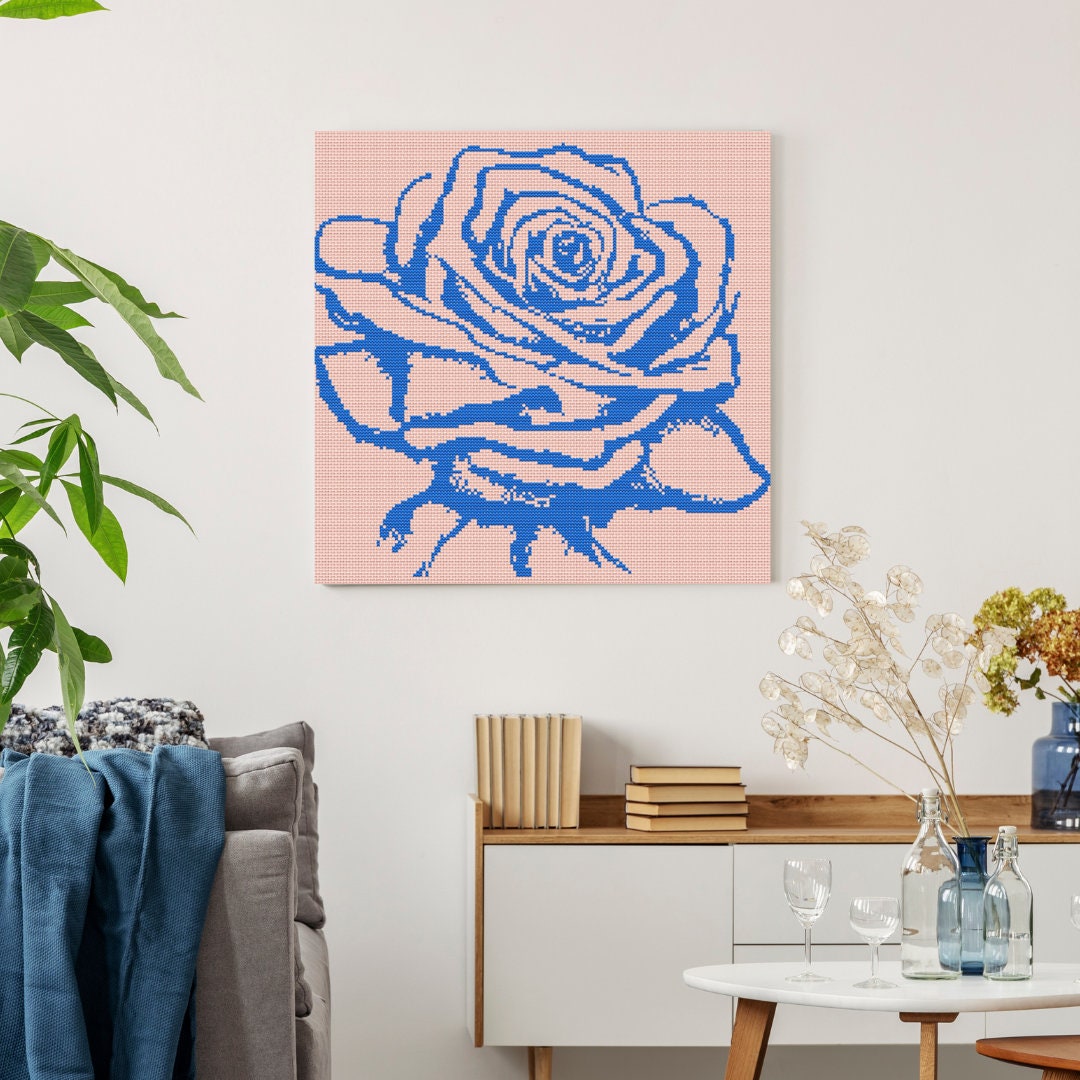 Monochrome Big Blue Rose Cross Stitch | Mono Flower Outlines Cross ...