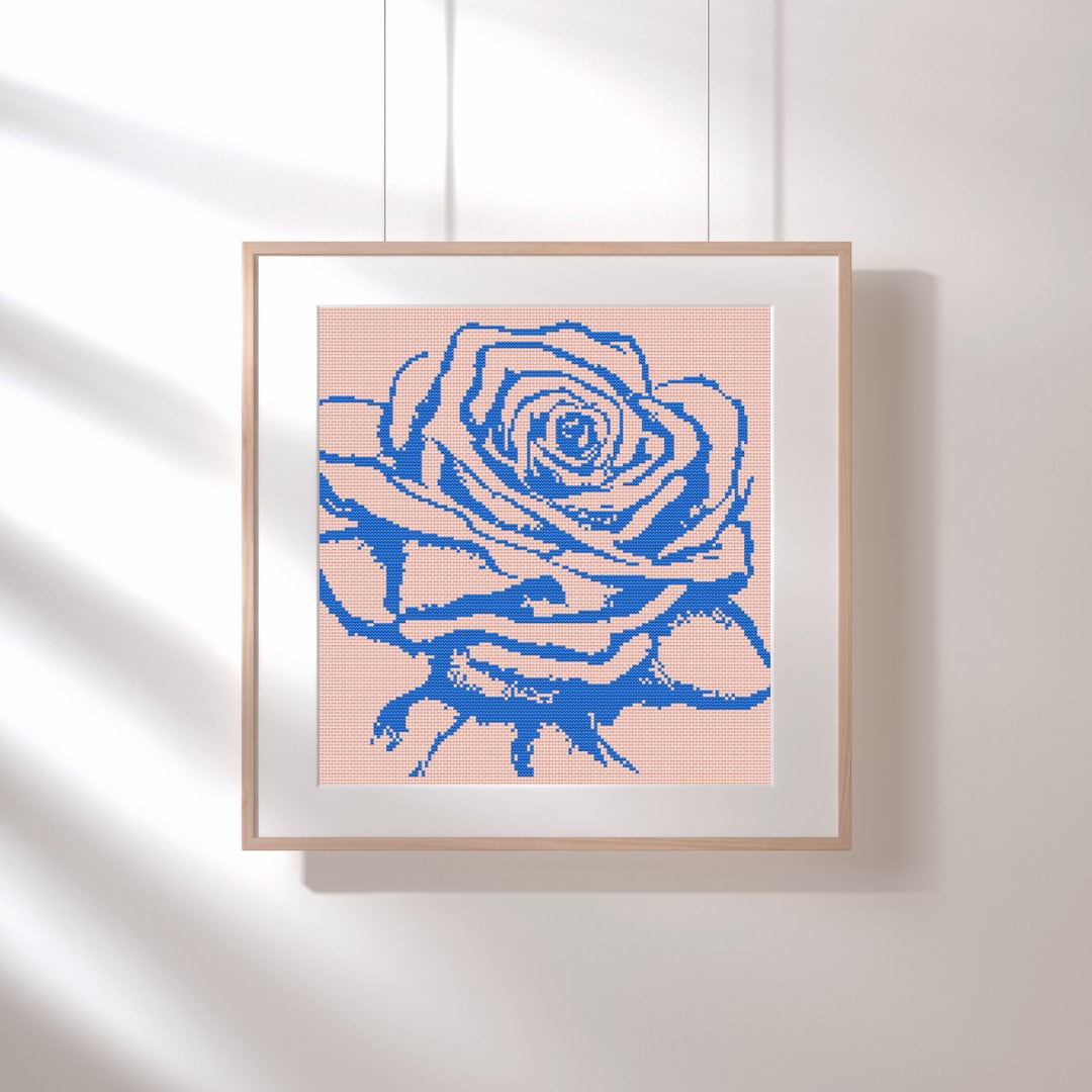 Monochrome Big Blue Rose Cross Stitch | Mono Flower Outlines Cross ...