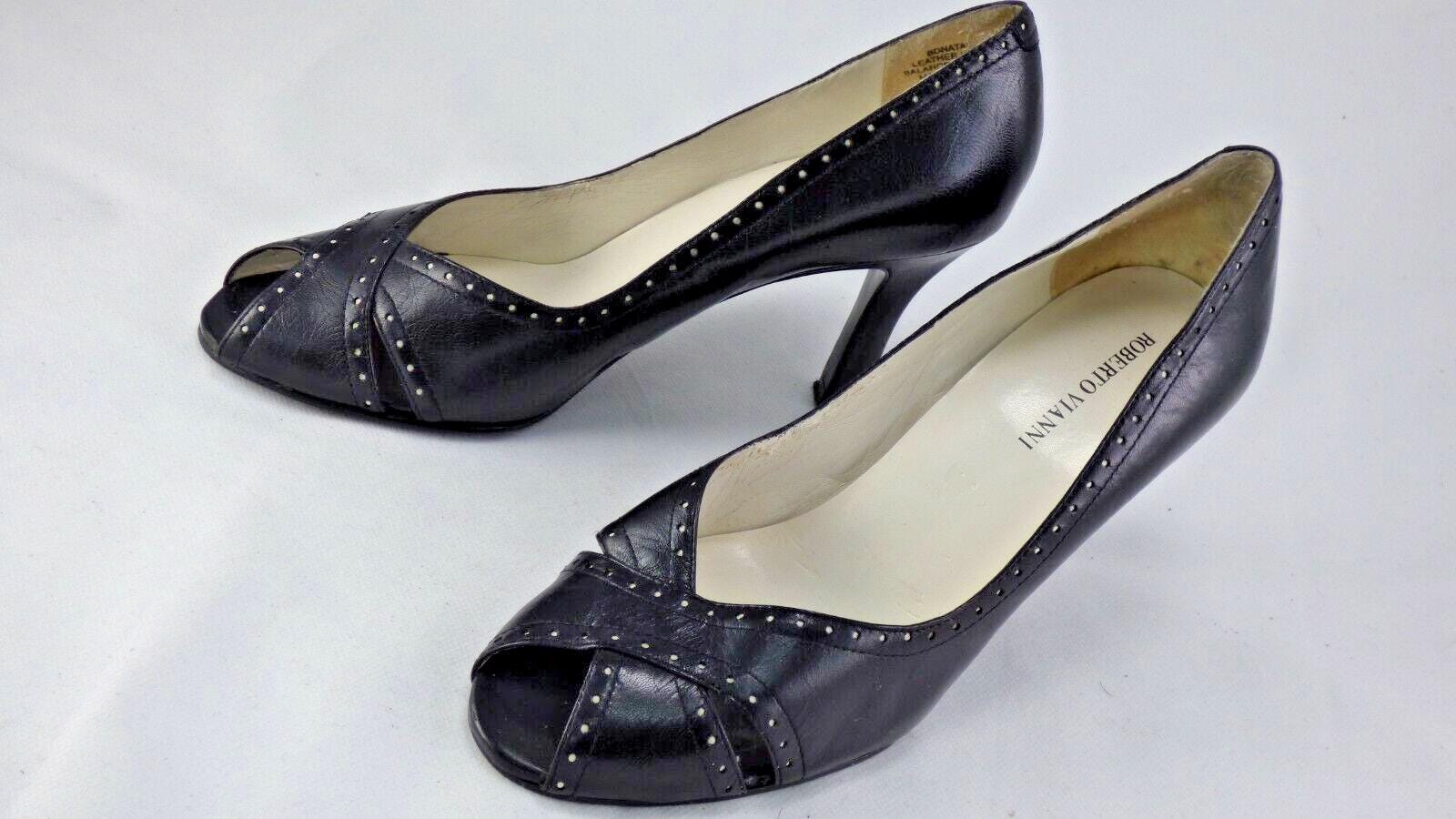Roberto Vianni Retro Heels Black Peep Toe Court Real Leather Formal ...