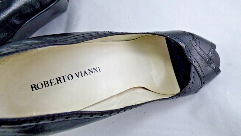 Roberto Vianni Retro Heels Black Peep Toe Court Real Leather Formal ...