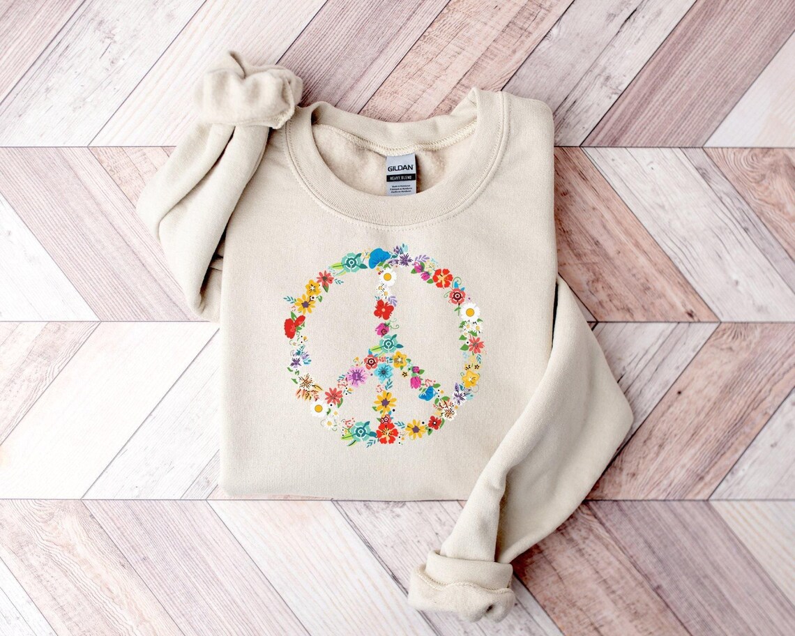 Boho Peace Sweatshirt, Floral Peace Symbol Sweater, Hippie Peace Sign ...