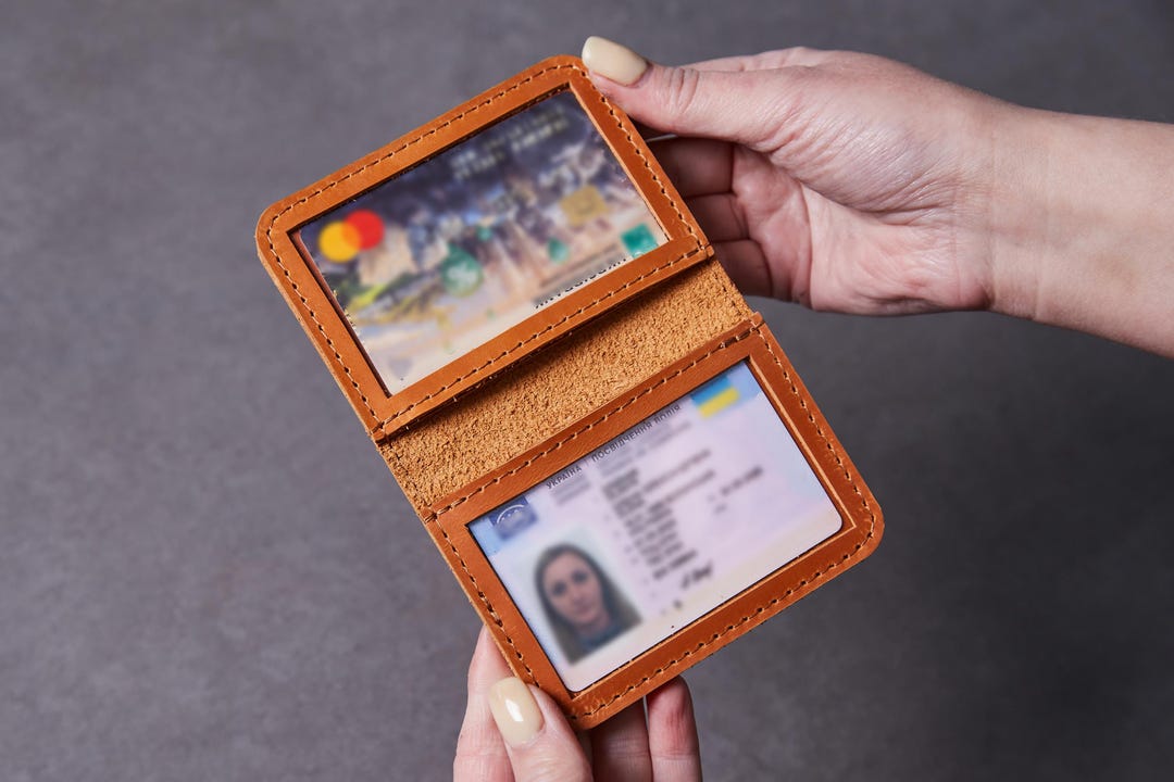 Handmade Leather ID Holder: Bifold Card Case With Transparent Windows ...