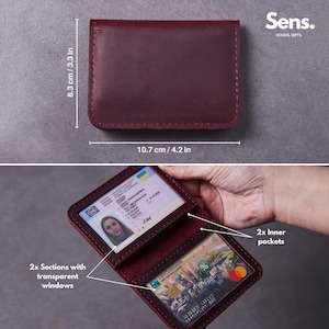 Handmade Leather ID Holder: Bifold Card Case With Transparent Windows ...