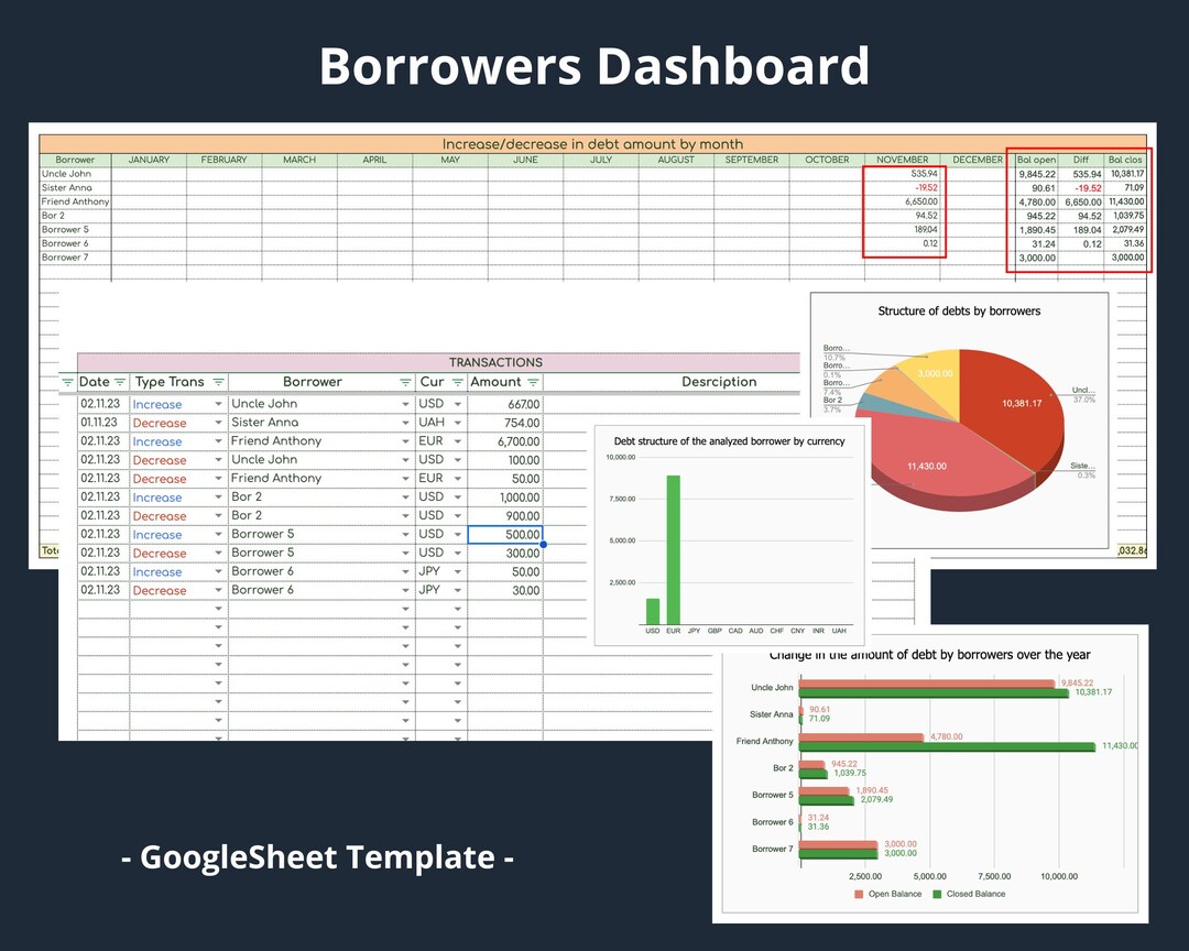 Borrower Tracker, Debt Payoff Dashboard for Google Sheets (PDF) - Etsy
