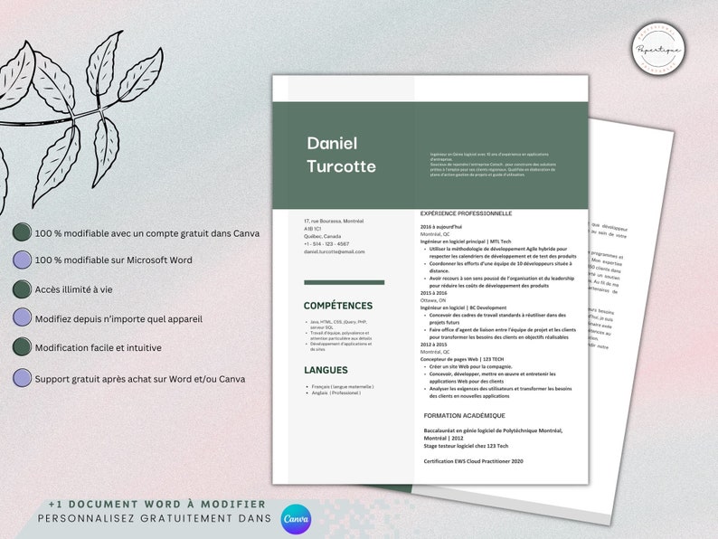 CV Template, Professional, French, Canva, Word, Minimalist, in French ...