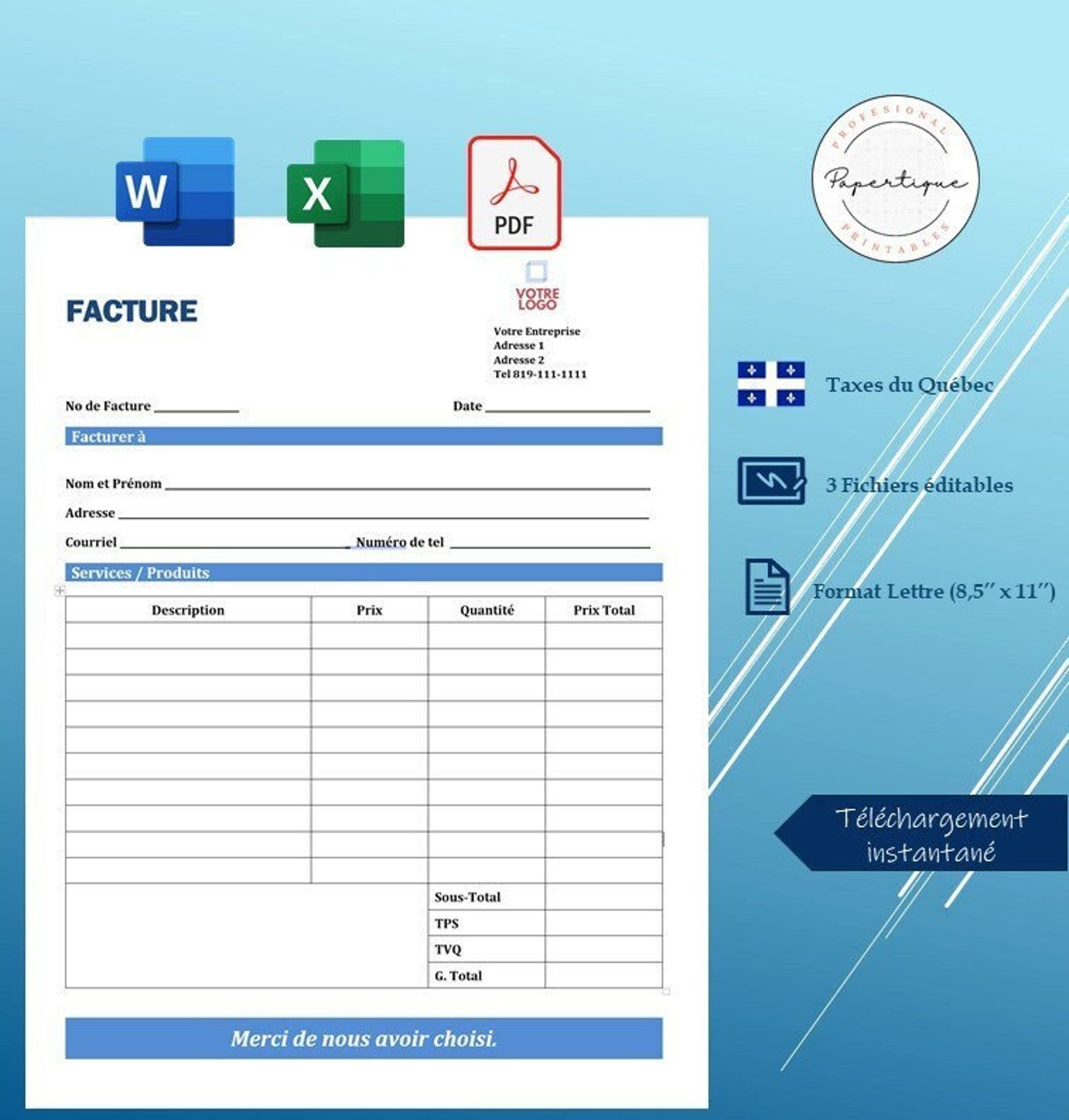 Printable Invoice. Invoice Form. Word Invoice. Excel Invoice. PDF ...