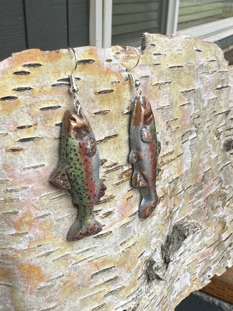 Rainbow Trout Clay Earrings: Alaska Fly Reel, Sterling Silver Hooks - Etsy