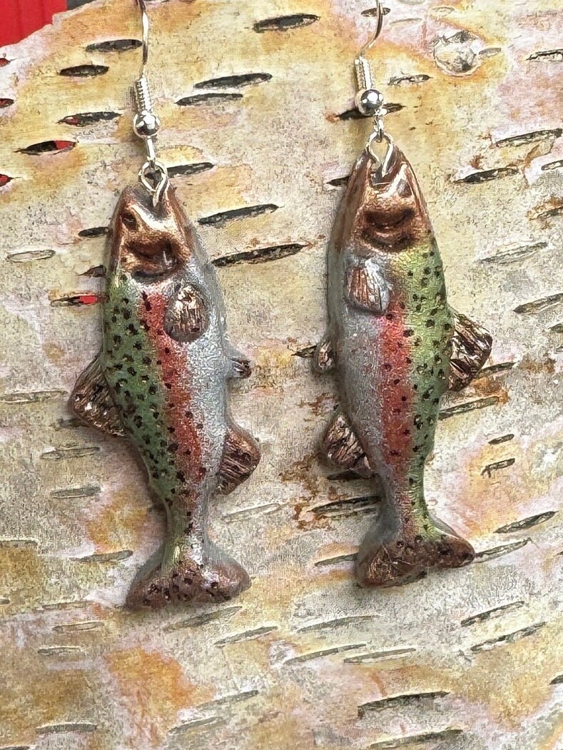 Rainbow Trout Clay Earrings: Alaska Fly Reel, Sterling Silver Hooks - Etsy
