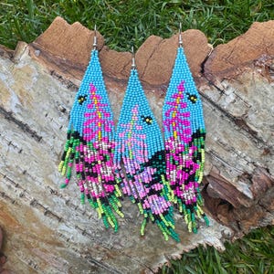 Fireweed Flowers With Bumblebee Alaska Beaded Dangle Earrings ...