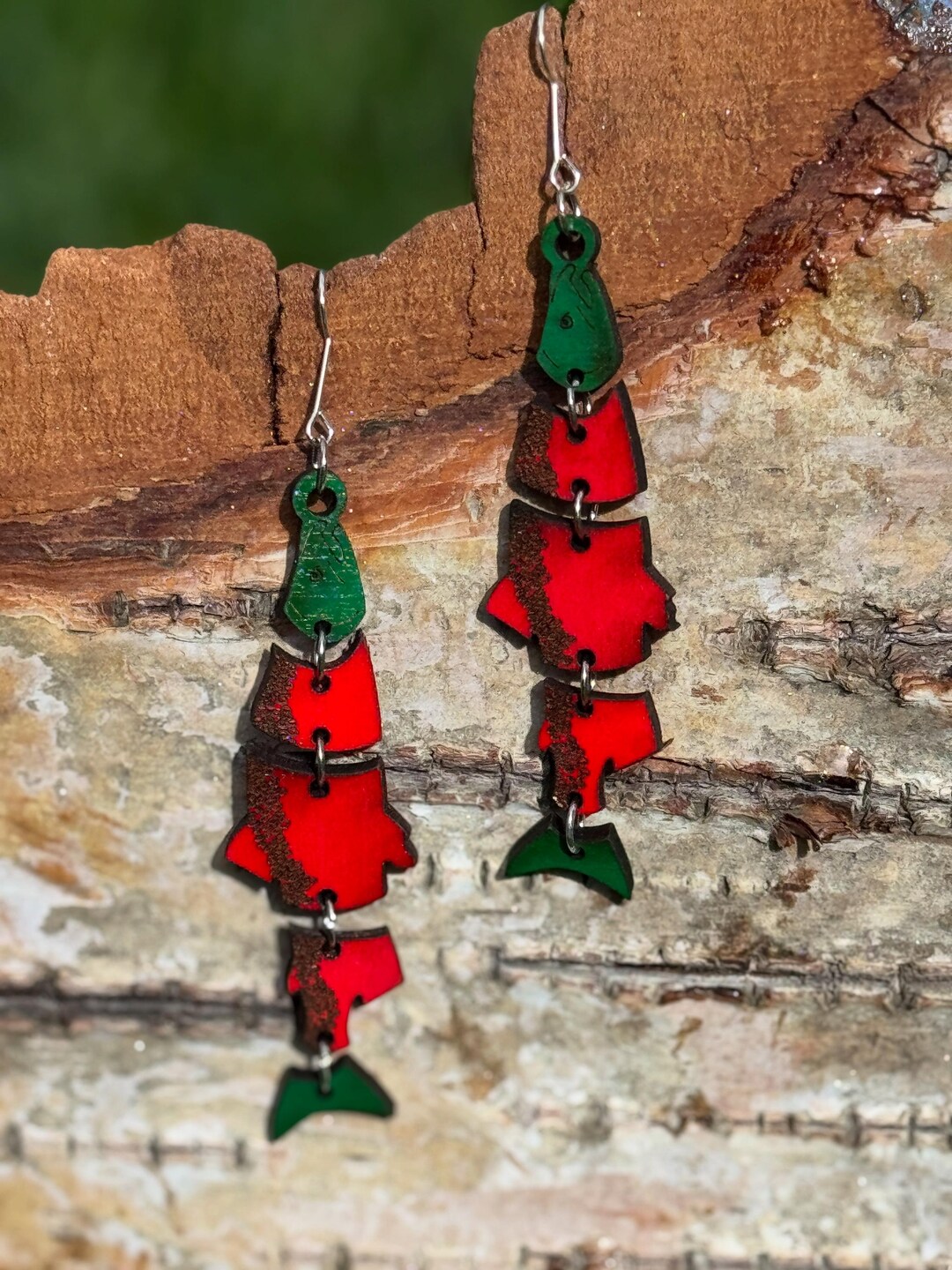 Reel Wooden Swimming Salmon Dangling Layer Earrings-alaska Laser Cut ...