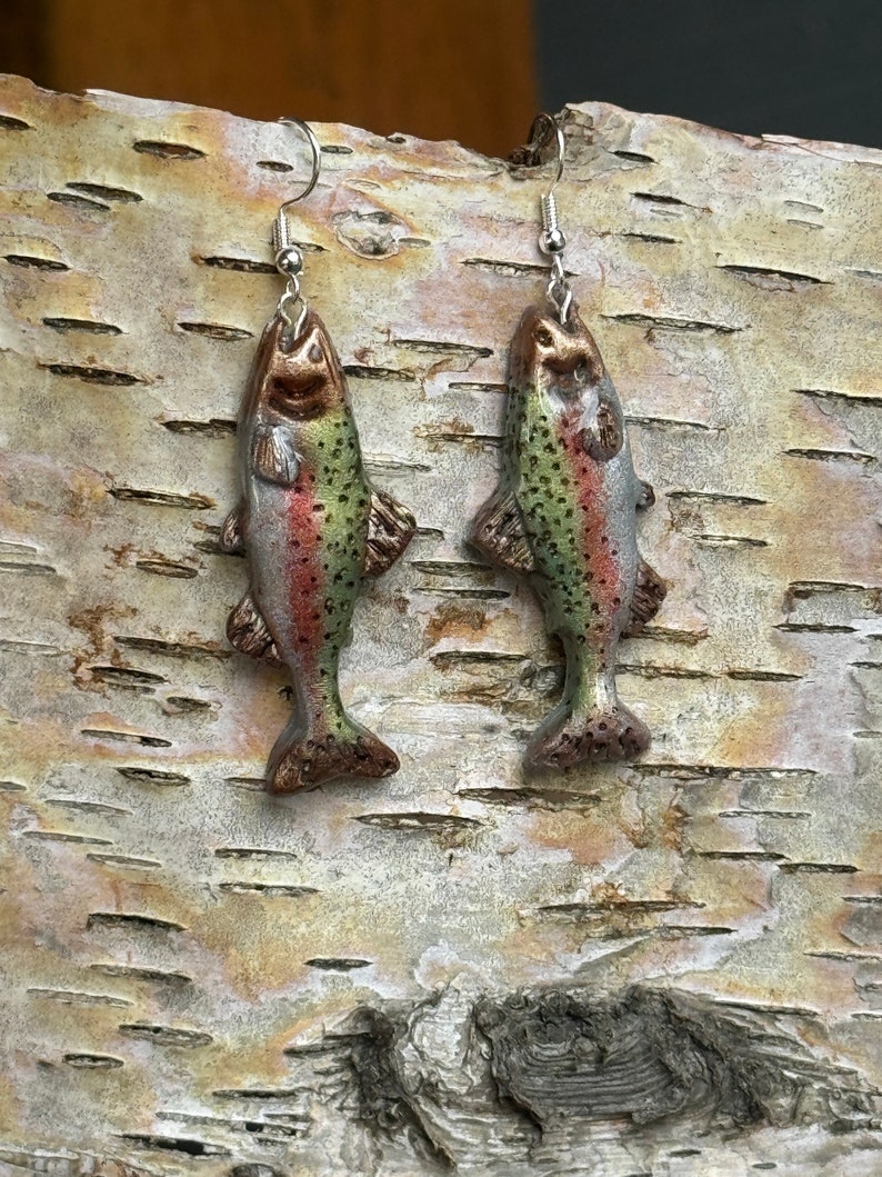 Rainbow Trout Clay Earrings: Alaska Fly Reel, Sterling Silver Hooks - Etsy