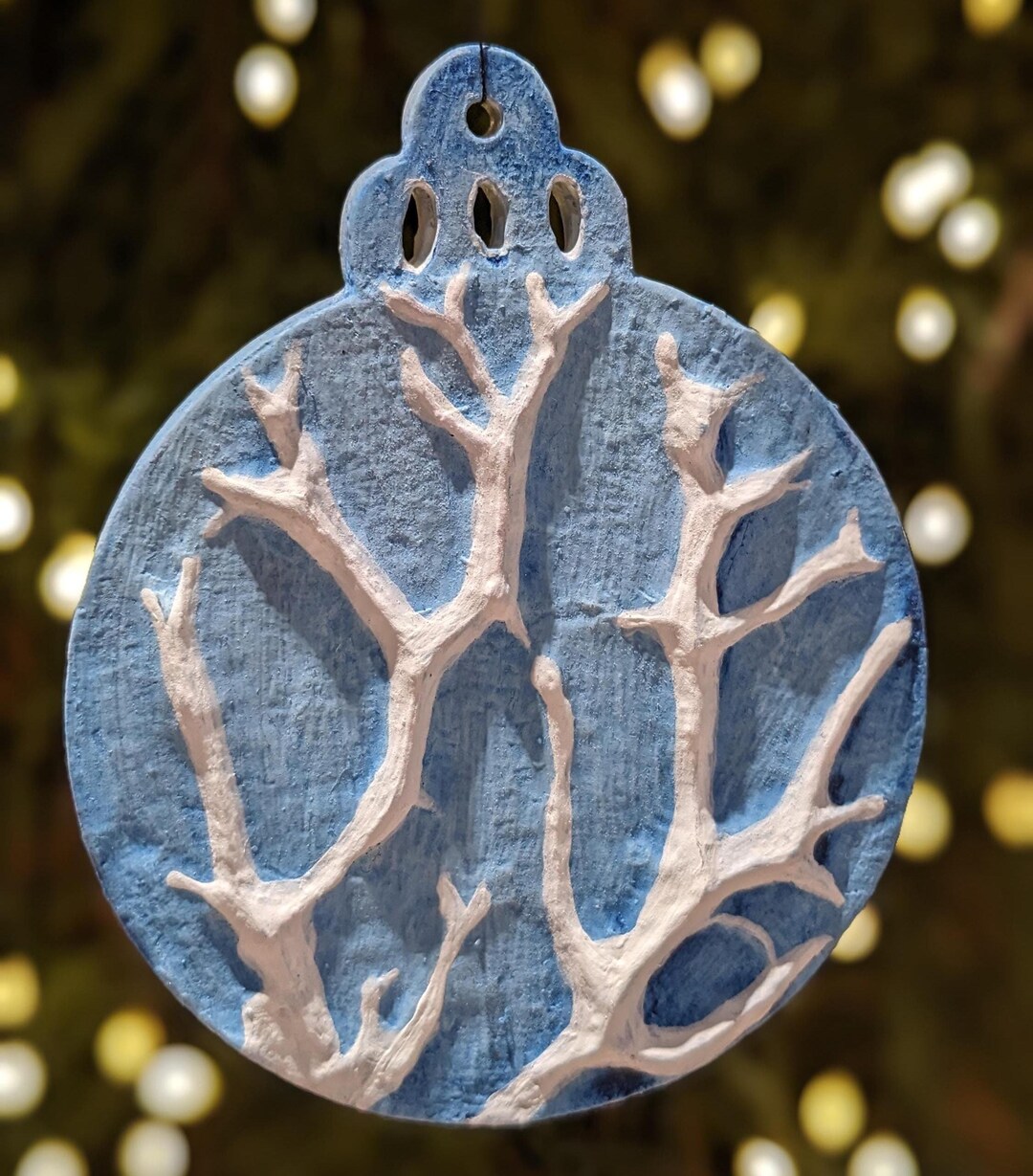 Textured 3.5" Round Tree Branch Ornament With Light Blue Background - Etsy