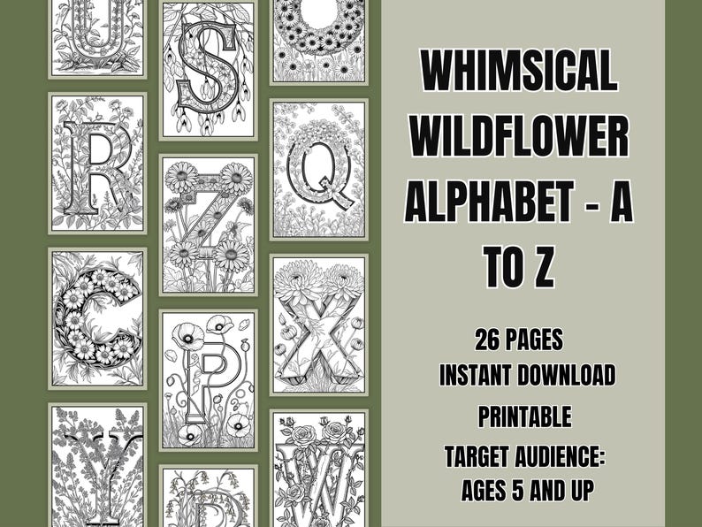 Wildflower Alphabet Coloring Book: Printable A to Z, Art Therapy (DIY ...