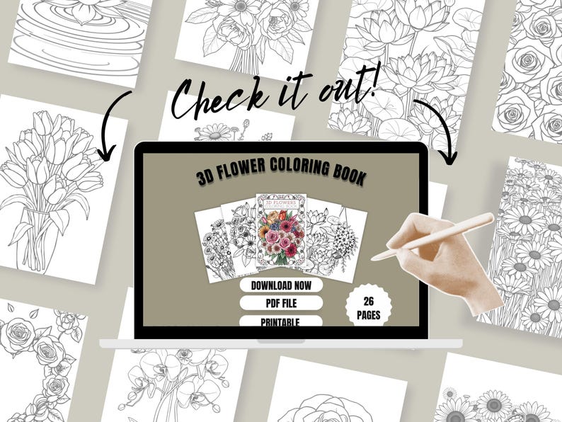 3D Flowers Coloring Book, Printable Flower Coloring Pages for Adults ...