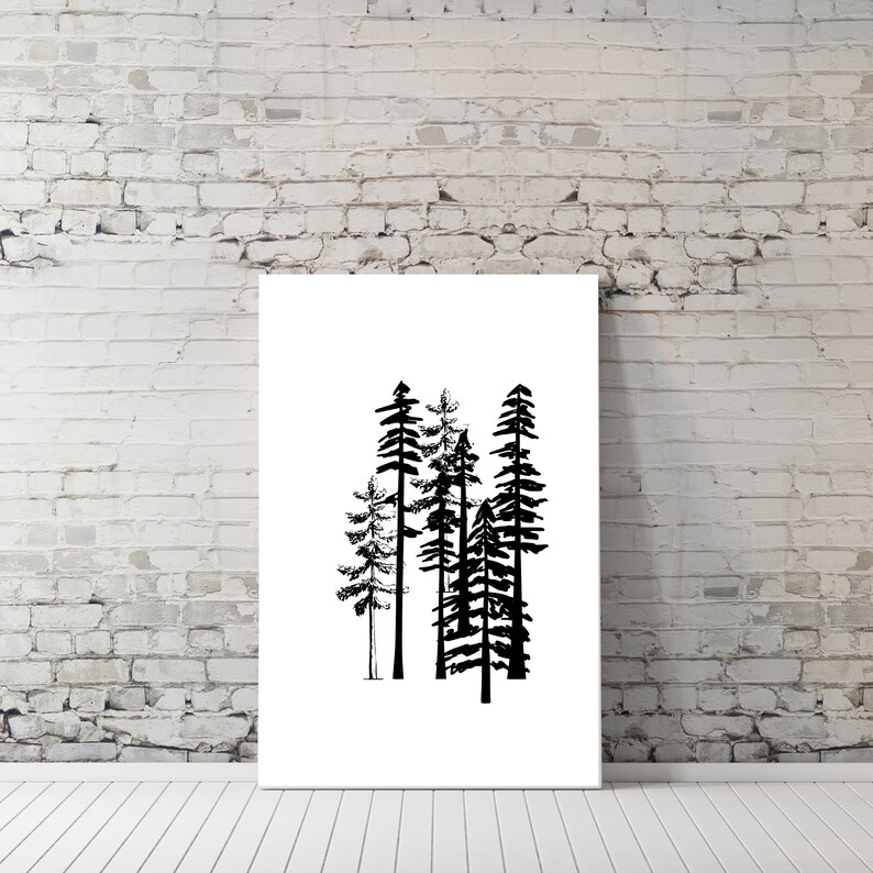 Black and White Art Print, Pine Tree Botanical Art Print - Muted Tonal ...