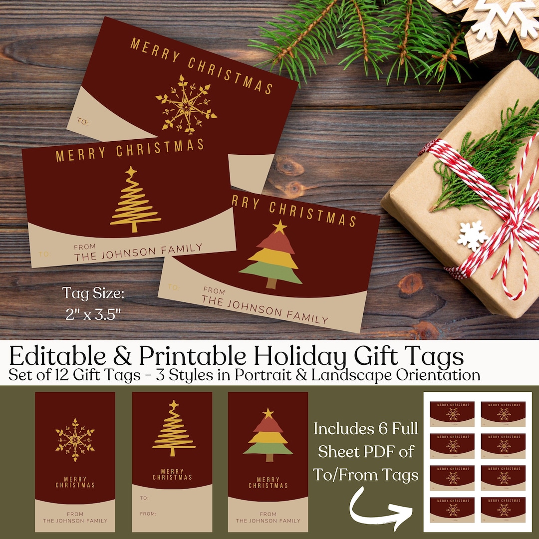 Editable Christmas Holiday Gift Tags Set of 12 Full Page Printable PDF ...