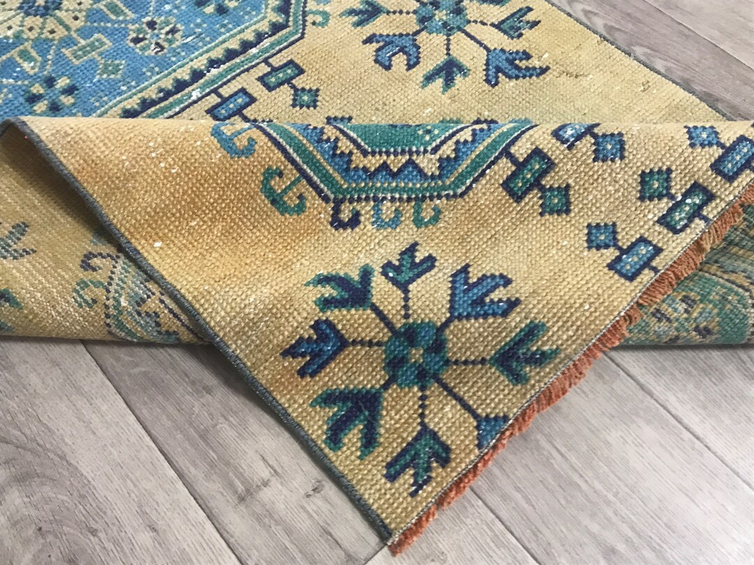 3x7 Yellow Blue Motifs Turkish Runner Rug, 3x7 Blue Yellow Motifs ...