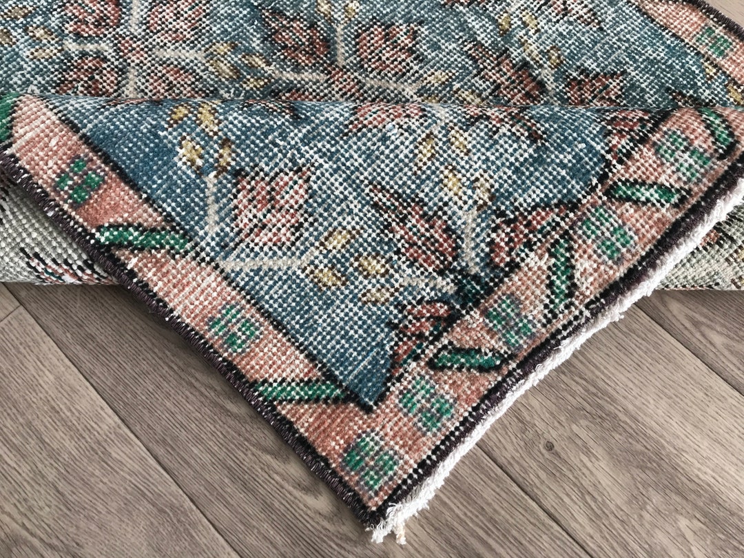 3x4 Faded Blue Orange Turkish Small Rug, 3x4 Yellow Motifs Vintage Rug ...