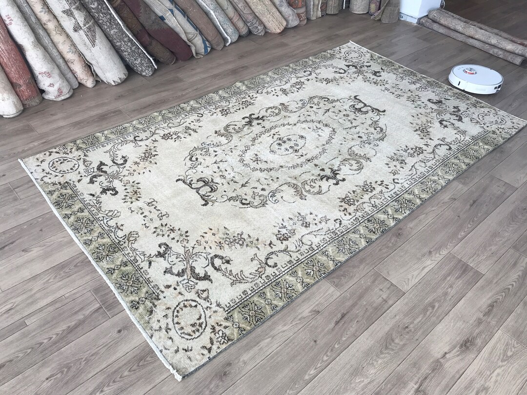 5x9 Green Beige Brown Turkish Area Rug, 5x9 Green Vintage Rug, Oushak ...