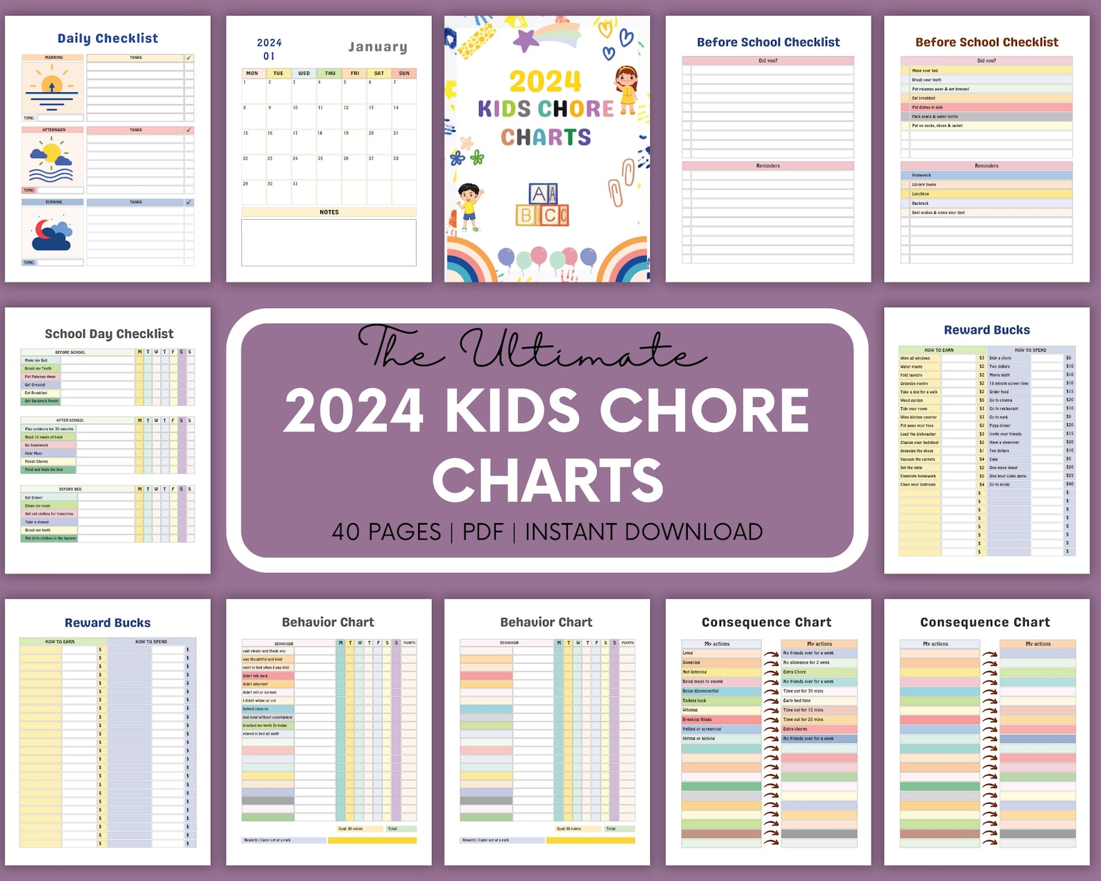 2024 Kids Chore Charts Reward Allowance Screen Time School Routine ...