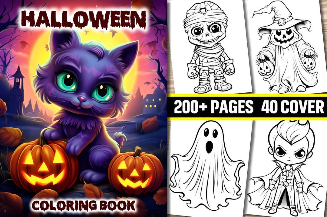 Cute Halloween Coloring Pages, Kids Coloring Book, Grayscale Coloring ...