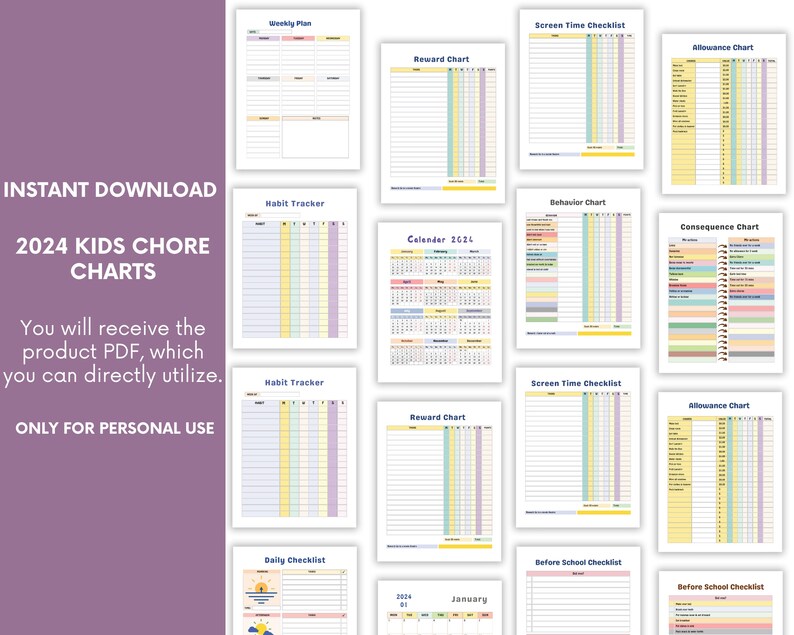 2024 Kids Chore Charts Reward Allowance Screen Time School Routine ...