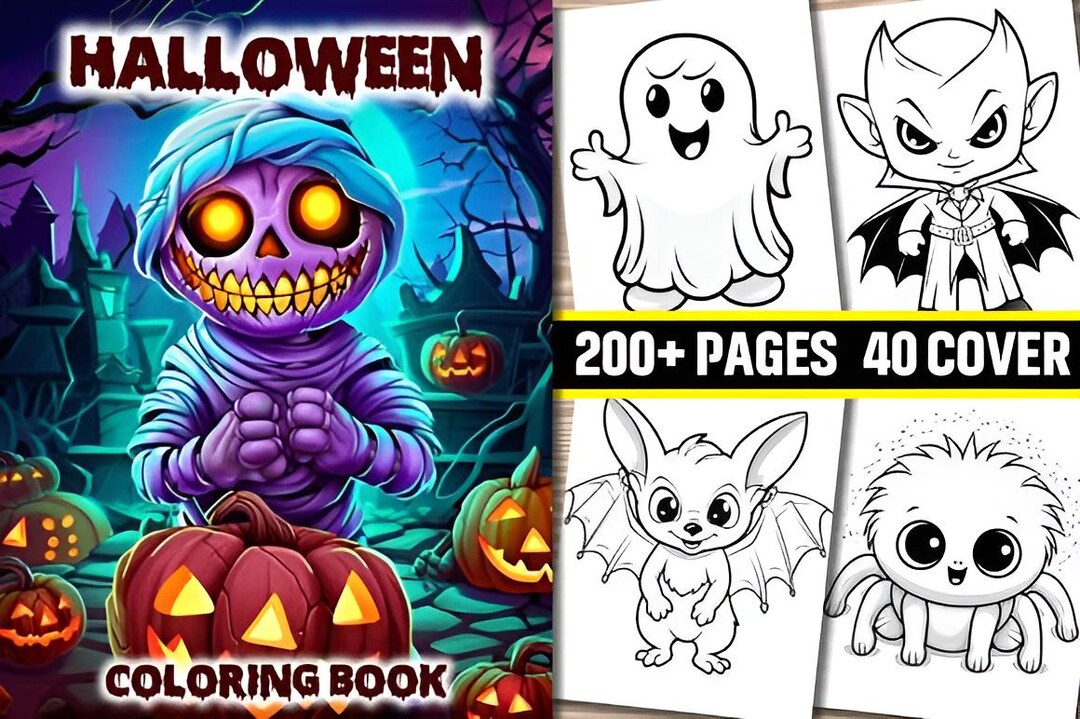 Cute Halloween Coloring Pages, Kids Coloring Book, Grayscale Coloring ...