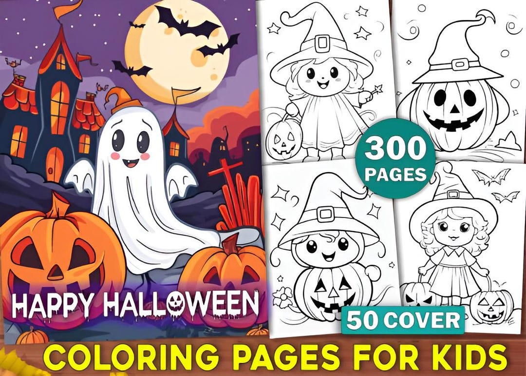 Cute Halloween Coloring Pages, Kids Coloring Book, Grayscale Coloring ...