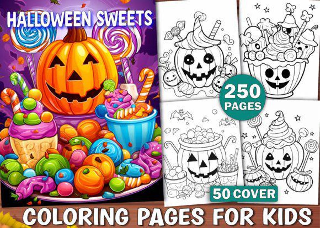 Cute Halloween Sweets Coloring Pages, Kids Coloring Book, Grayscale ...
