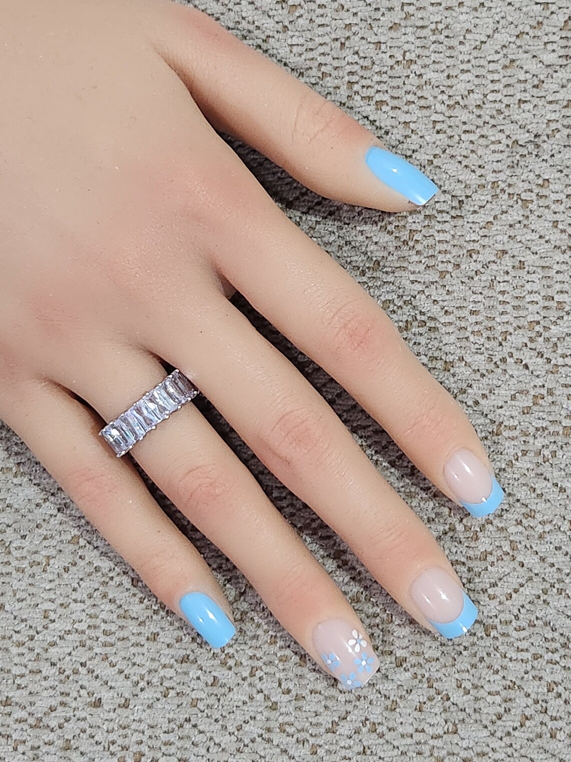 Spring Press on Nails, Blue Glue on Nails, Short Square French Tip ...