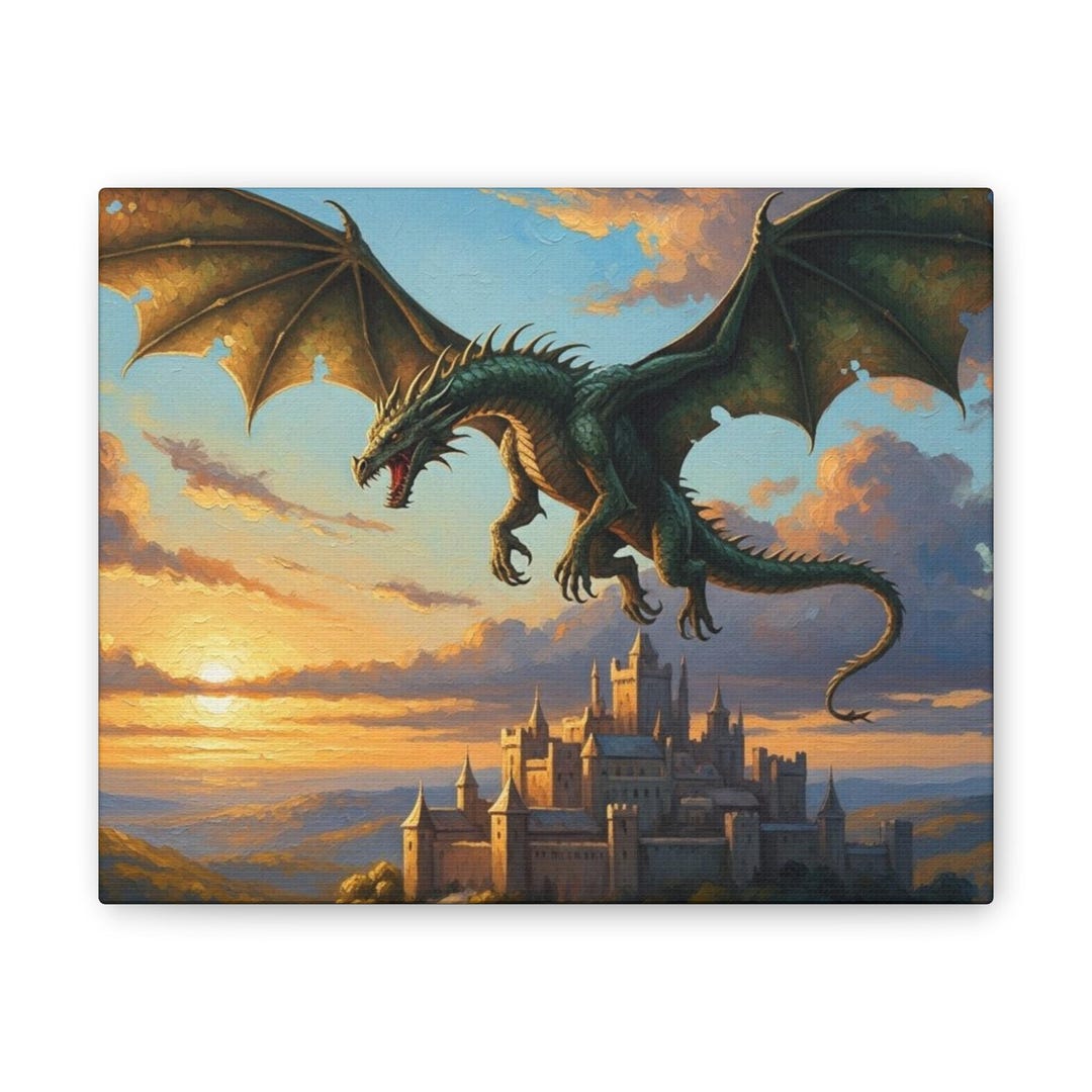 Majestic Dragon Over Castle Fantasy Wall Art Canvas | Mythical Creature ...