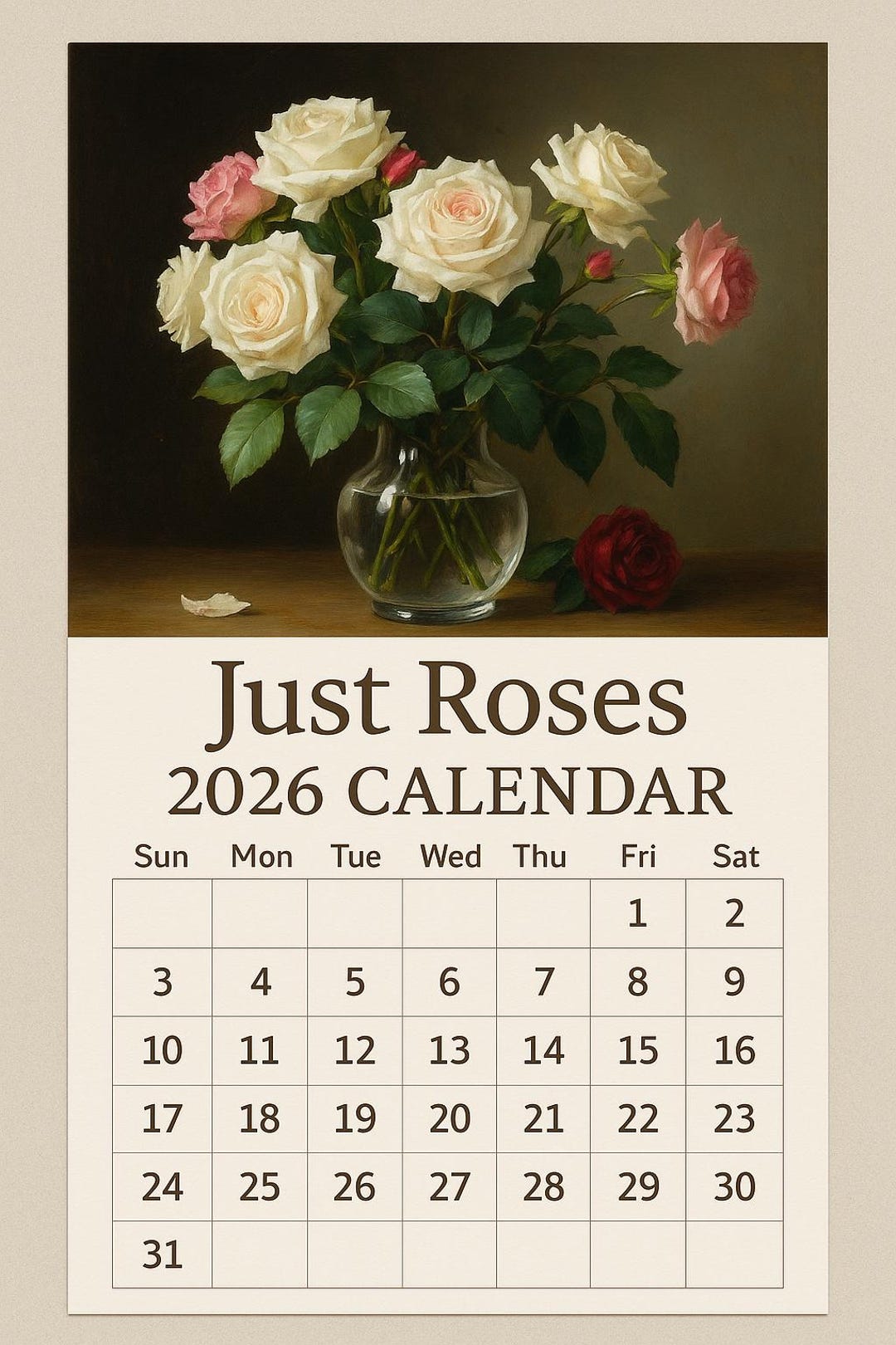 Just Roses 2026 Floral Calendar: Vintage Rose Oil Painting (PDF ...