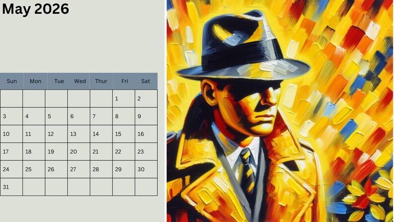 2026 Noir Detective Calendar – Printable 1940s Film Noir Art, Retro ...