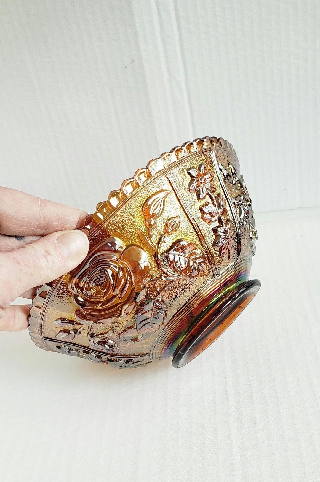 Vintage Imperial Glass Ohio Luster Rose Amber Carnival Glass 8" Round ...
