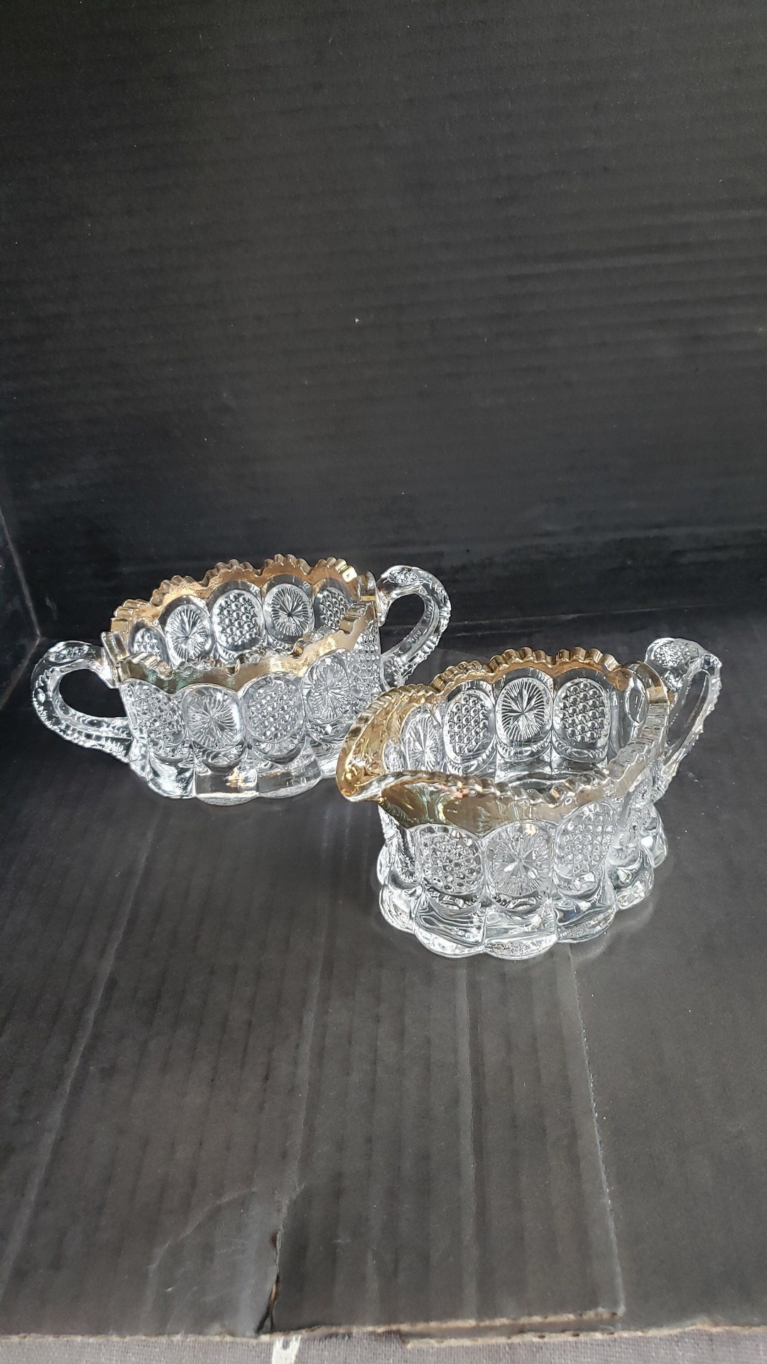 Vintage US Glass Co. Cane and Star Medallion Open Creamer and Sugar ...
