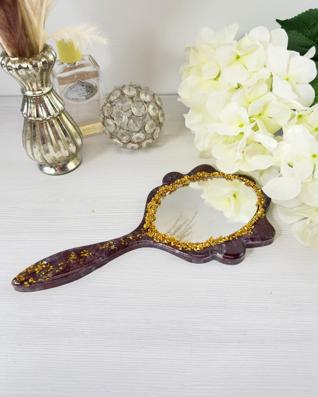 Cosmetic Mirror Hand Mirror Birthday Gift Resin Art Decor Golden Mirror ...