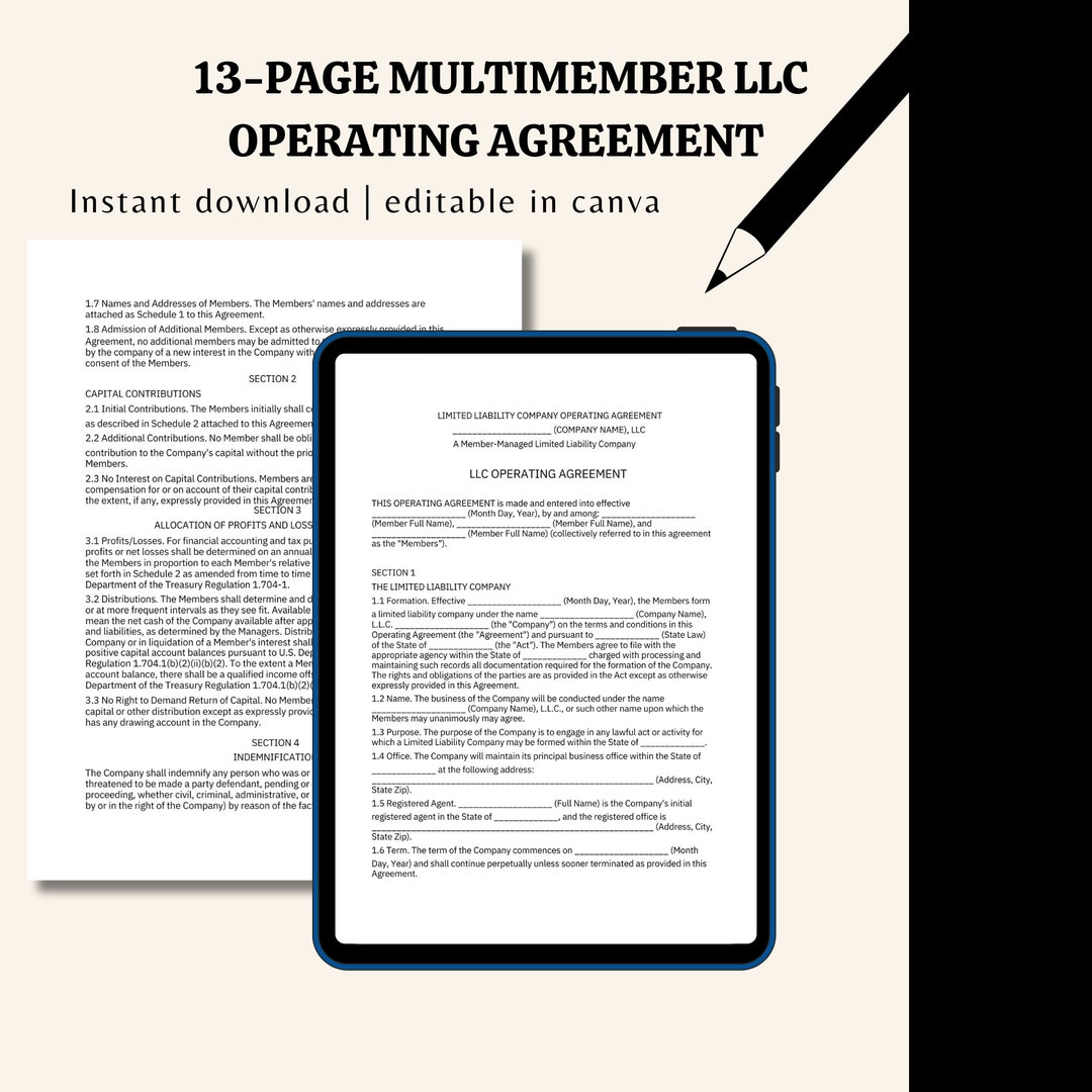 Multi Member LLC Operating Agreement Template 50/50 Operating Contract ...