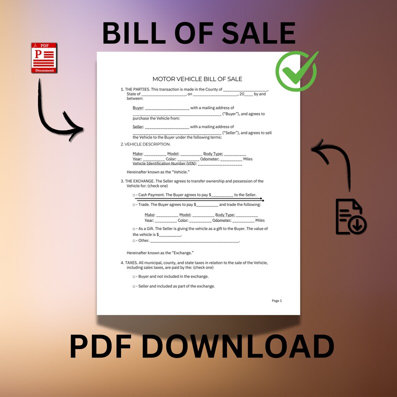 Motor Vehicle Bill of Sale Printable Form Digital Car Bill of Sale Auto ...