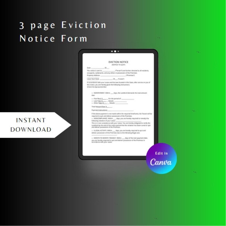 Printable Eviction Notice Template, Landlord Tenant Form, Lease ...