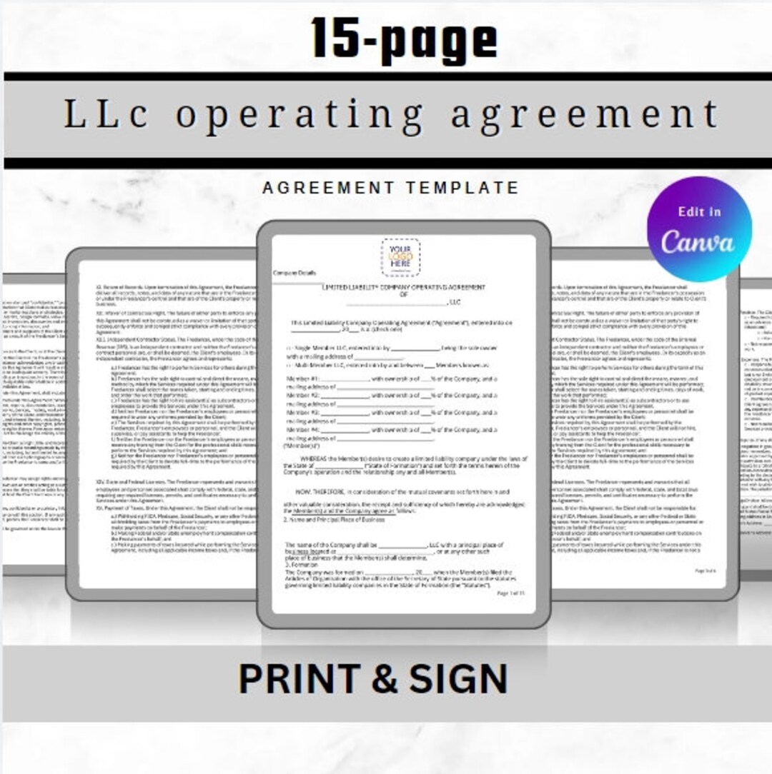 LLC Operating Agreement Template Operating Contract for LLC Editable ...